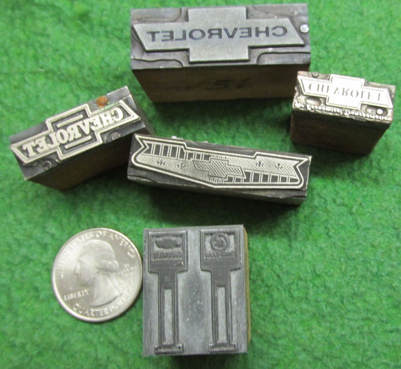 4 Old Wooden Type Blocks w/ Lead Faces / 1 all Lead Block " Chevrolet ...
