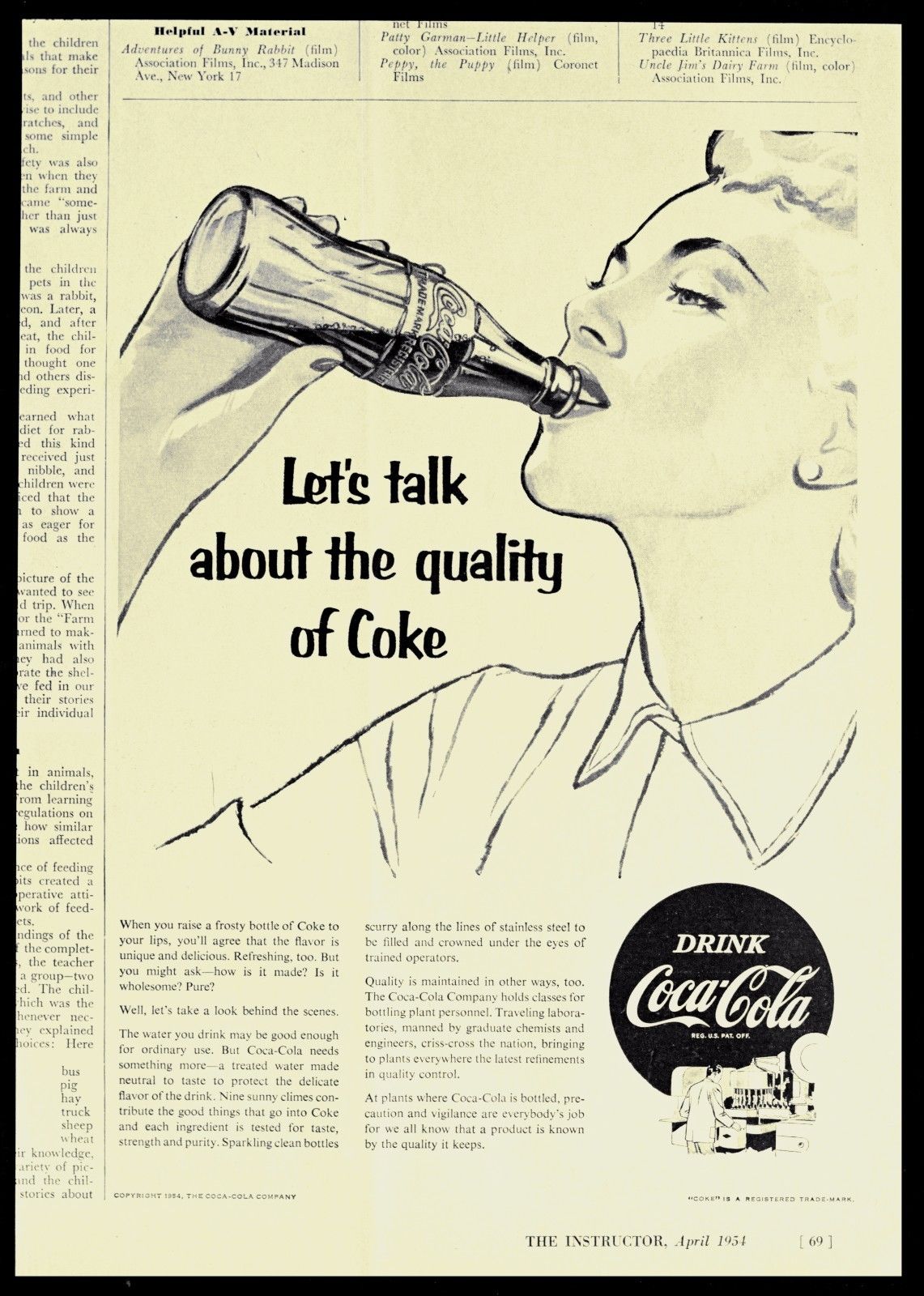 1954 COCA-COLA Let''s Talk About Quality Lady Drinking from Bottle Vtg ...