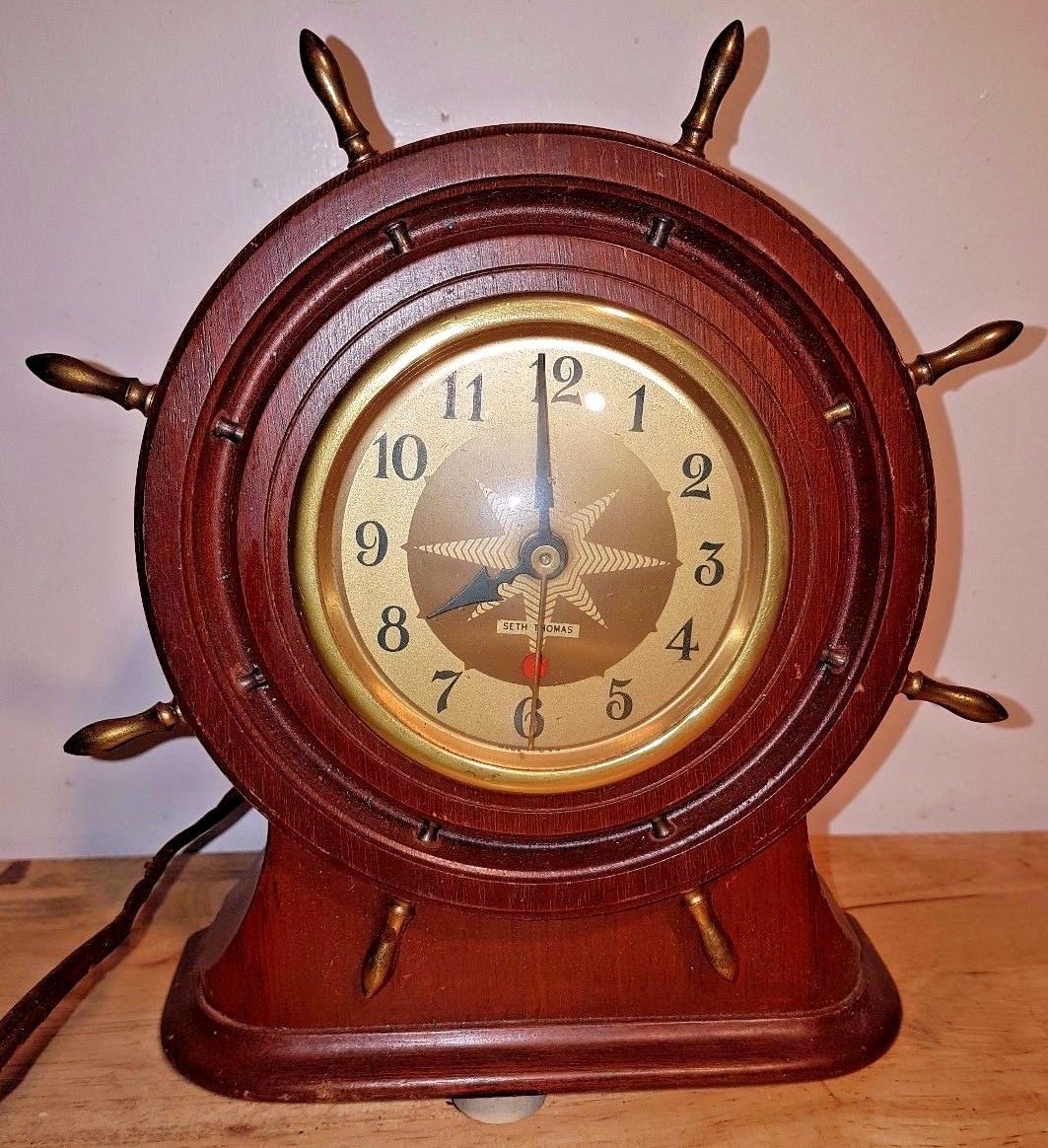 ANTIQUE c1930s SETH THOMAS SPOKE WHEEL SHIPS MANTEL CLOCK CAPSTAN Wood ...