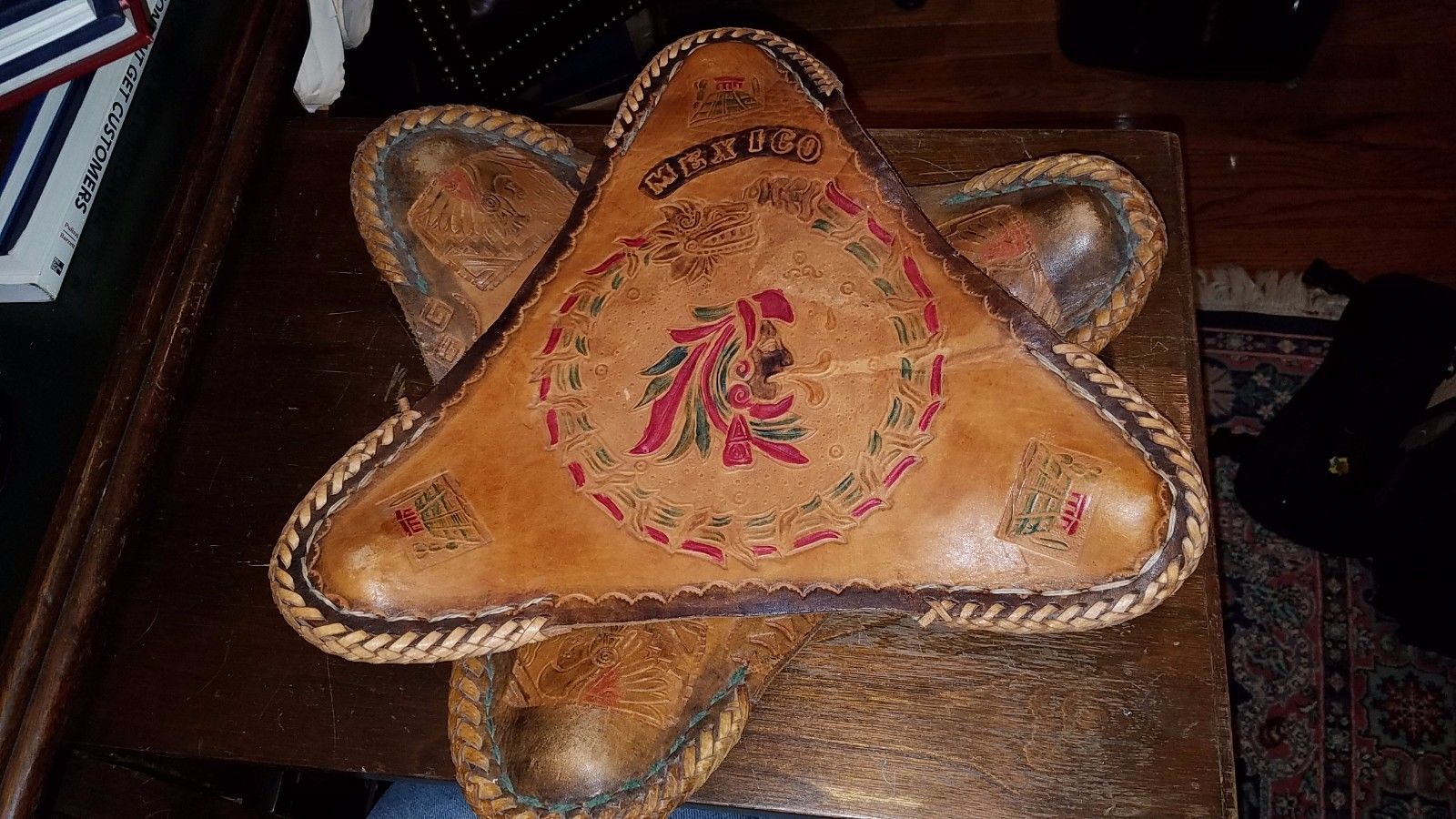 Pair Of Hand Tooled Leather Mexican 3 Legged Stool Seats from an estate ...