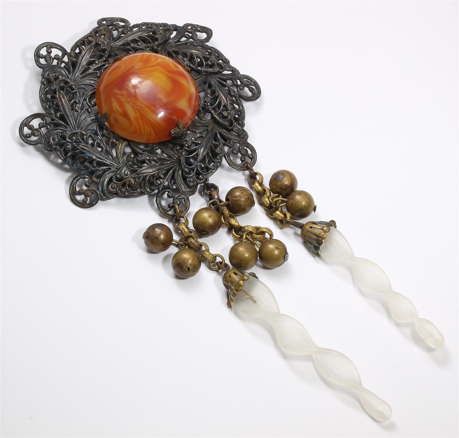 Antique Art Deco Ornate Bohemian Bakelite Glass Spiral Bead Fringe Brooch Pin -- Antique Price ...