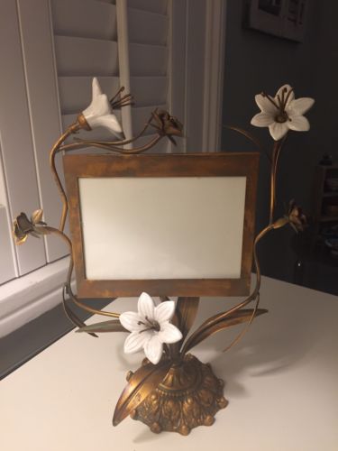 TOLE METAL TABLE TOP Sign HOLDER ROSES LEAVES White Porcelain Flowers 13 Antique Price Guide tole-metal-table-top-sign-holder-roses-leaves-white-porcelain-flowers-13-antique-price-guide