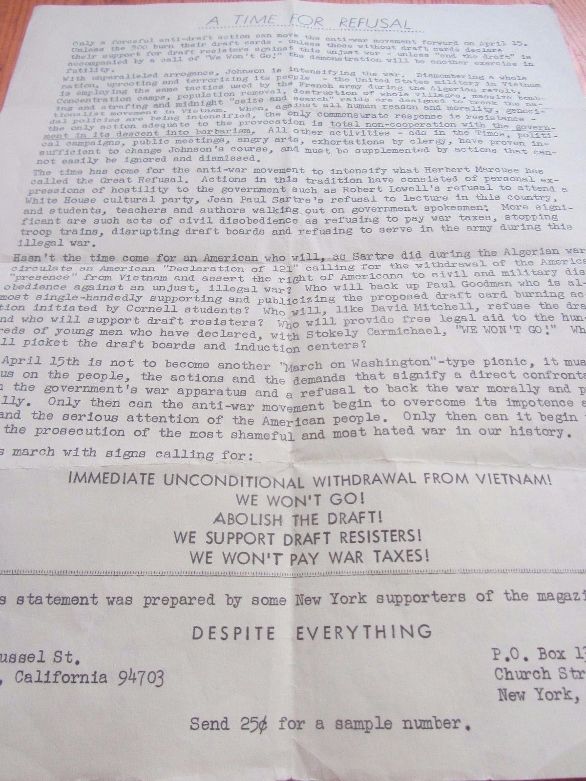 A Time for Refusal Anti Draft Vietnam Protest Flyer Despite Everything ...