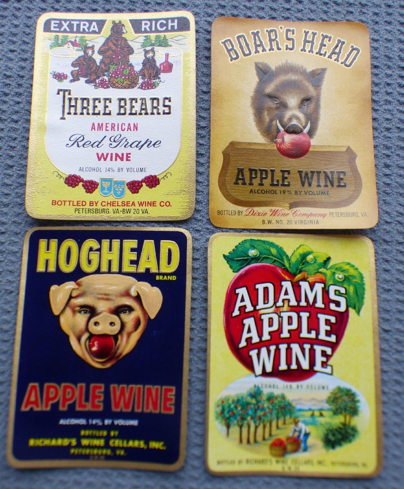 Lot 4 Vintage Wine bottle labels Petersburg Virginia 3 bears Hog Head ...