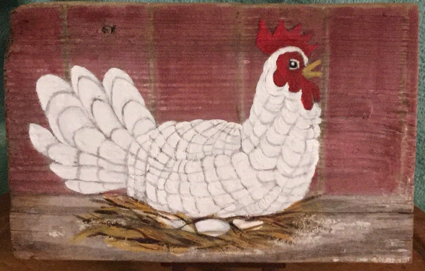PRIMITIVE~Reclaimed Barn Wood~HP FOLK ART~*FARM CHICKEN LAYING EGGS ...