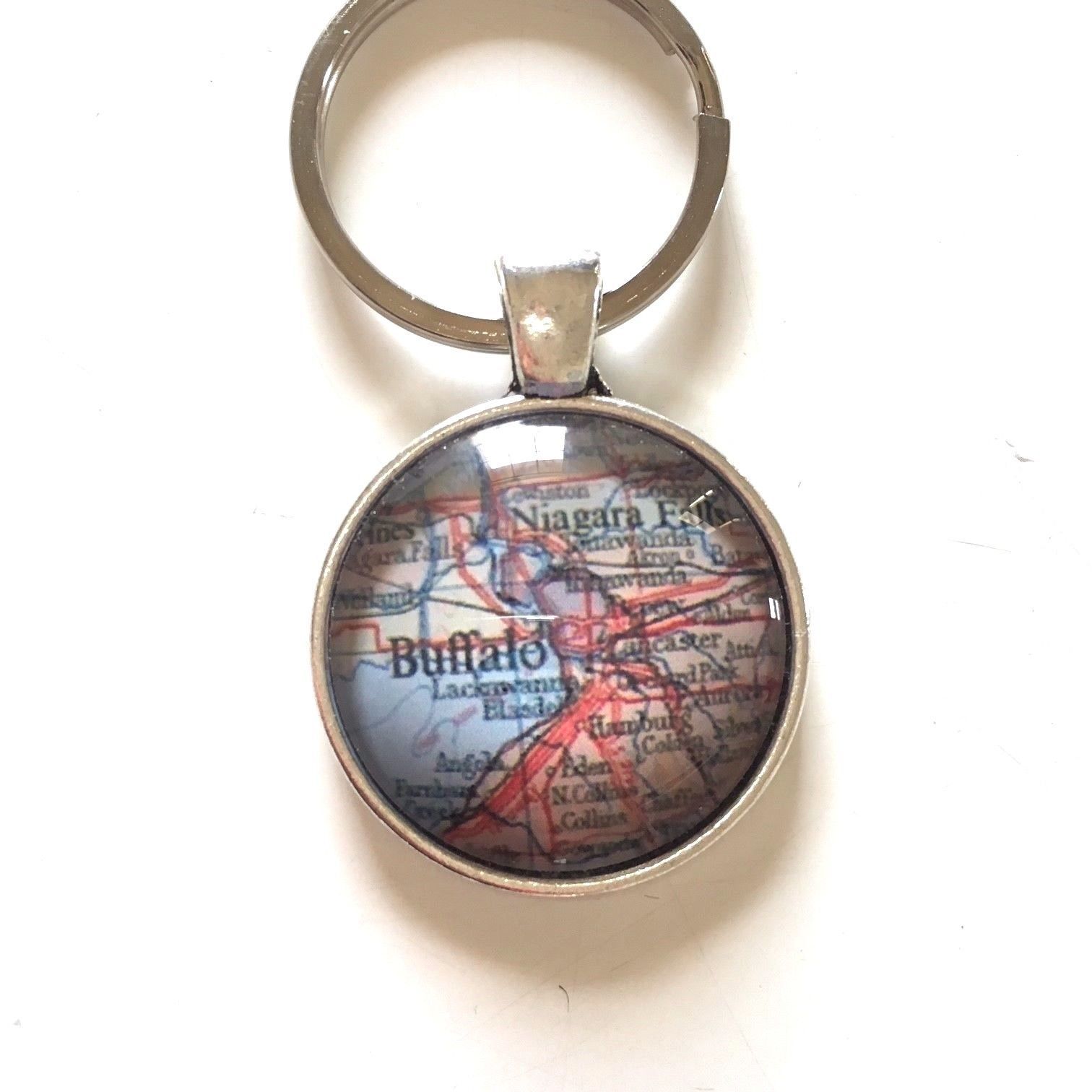 BUFFALO NEW YORK NIAGARA FALLS USA Map Key Ring Keychain Silver vntg ...