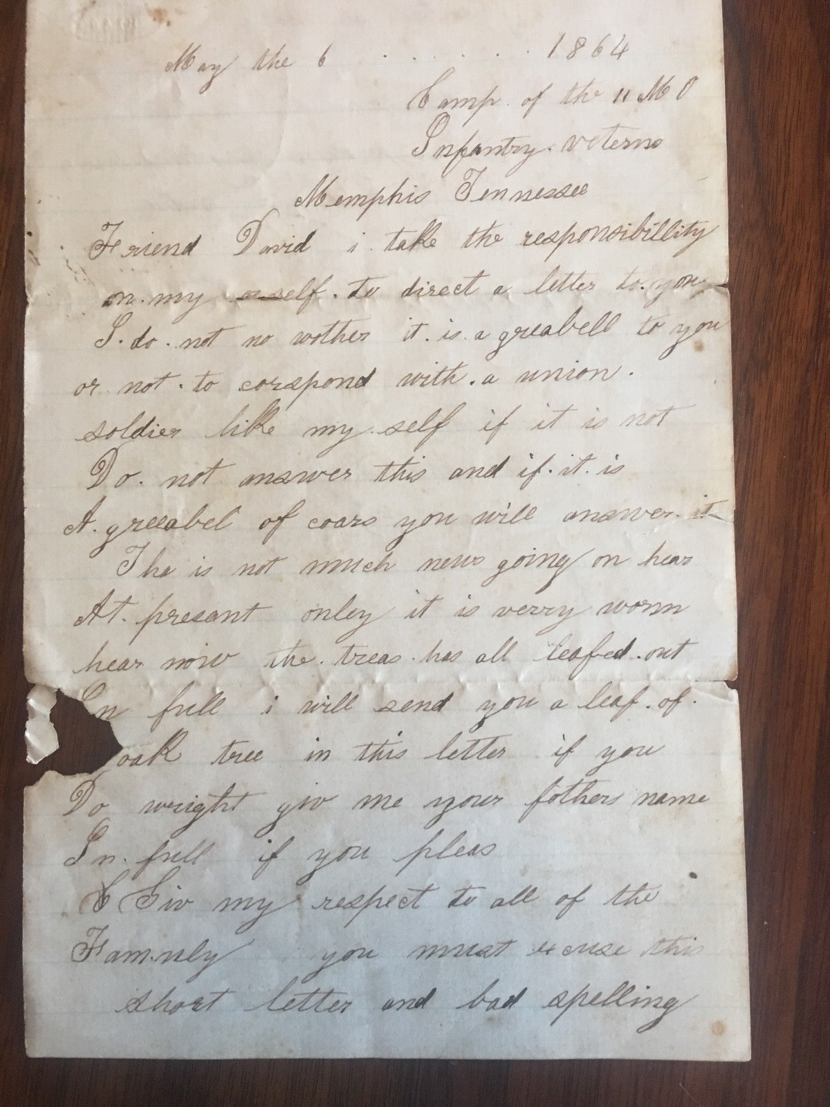 Civil War Soldier Letter Tennessee To 11th Mo Infantry 1864