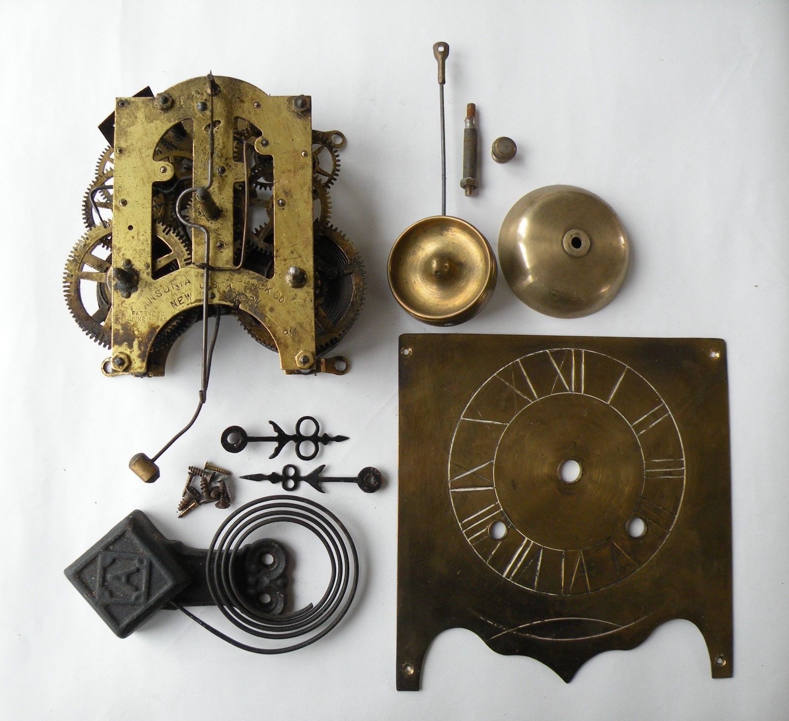 Antique Ansonia clock movement, American, face, pendulum, hands ...