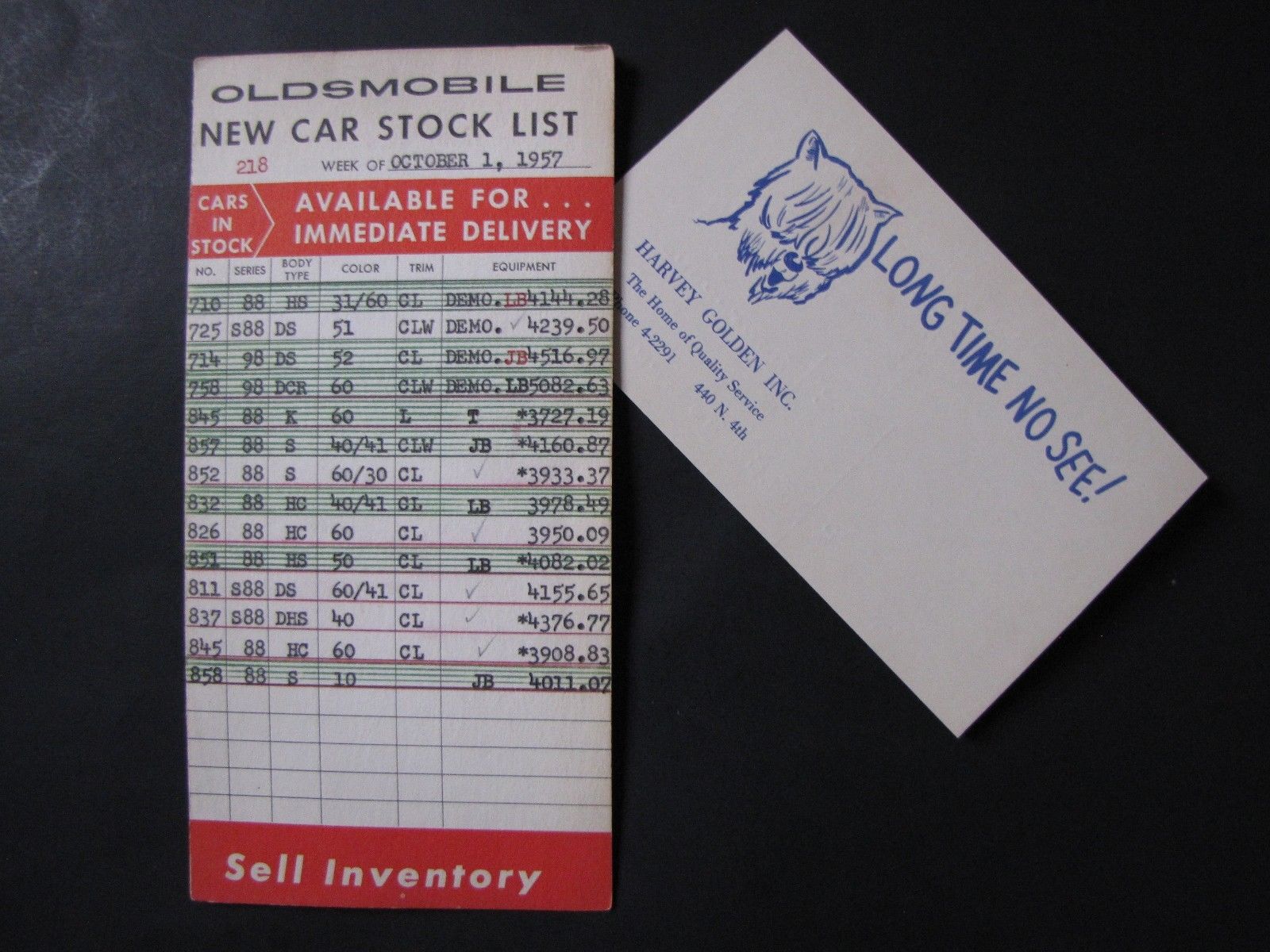 1957 1958 1964 Oldsmobile Dealer New Car Stock List Harvey Golden ...