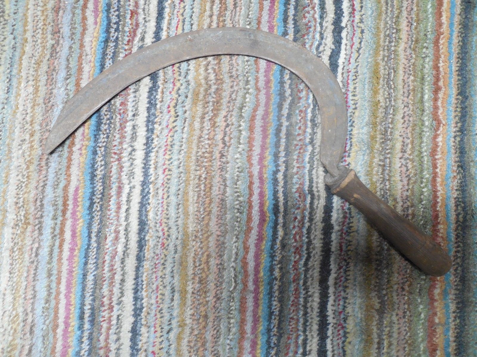 Antique Vtg Hand Cutting Sickle Curve Blade Round wooden handles ...