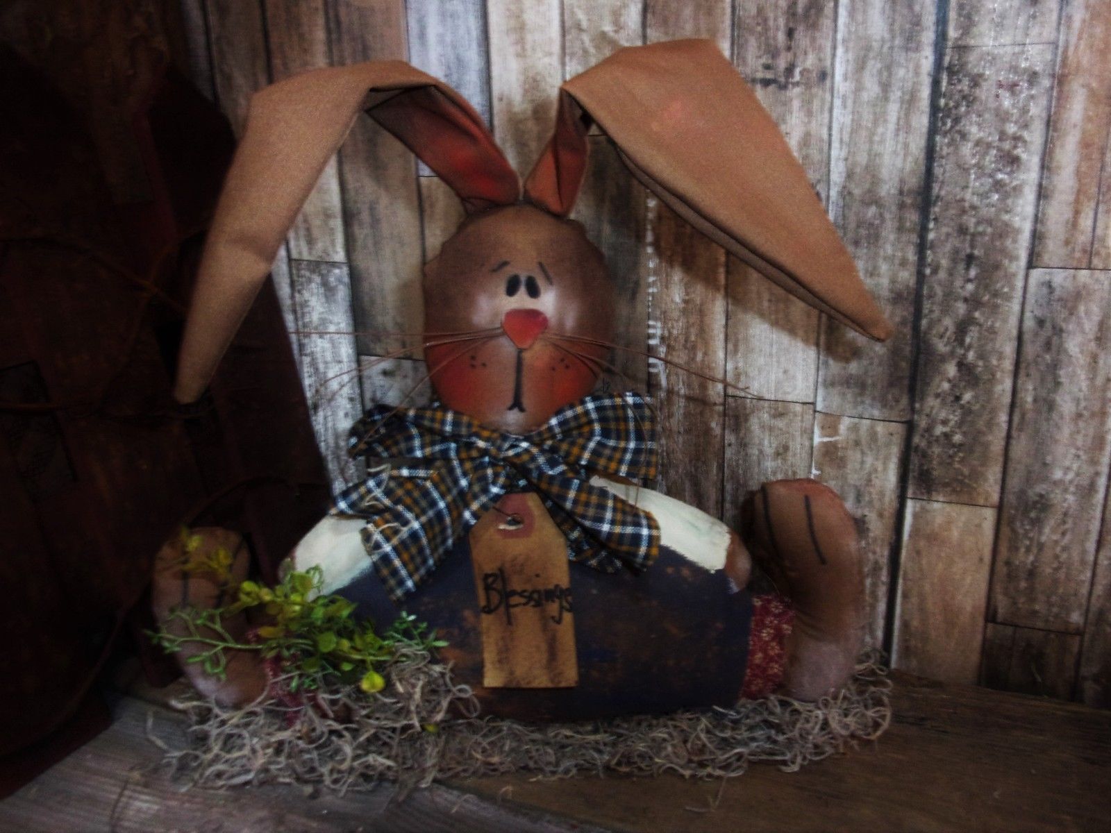 ** Primitive 11x11in Blue dressed Bunny on Base COUNTRY SPRING old ...