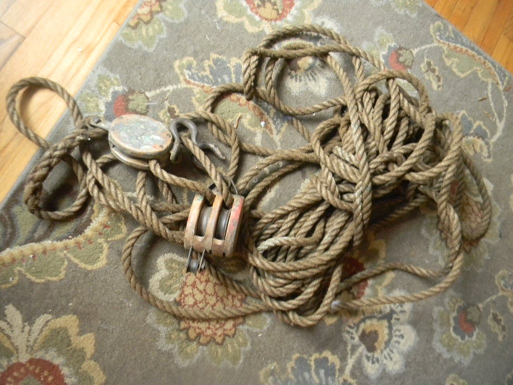 Vintage Antique Wood Block Tackle Double Pulley Set Old Rope & Hooks ...