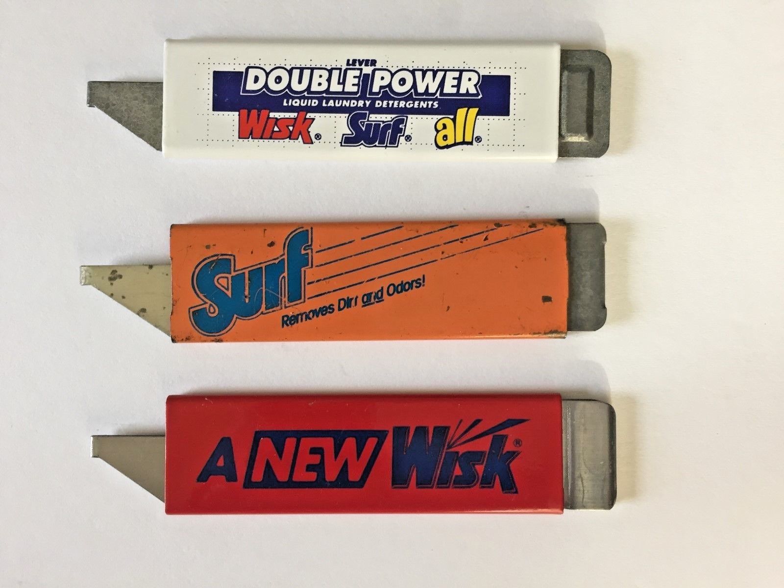 3 VINTAGE BOX CUTTERS ADVERTISING "WISK"- "DOUBLE POWER DETERGENTS ...