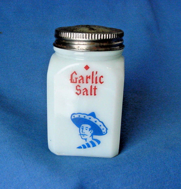 VTG MILK GLASS GARLIC SALT SPICE JAR W/MEXICAN MAN W/SOMBRERO USA ...