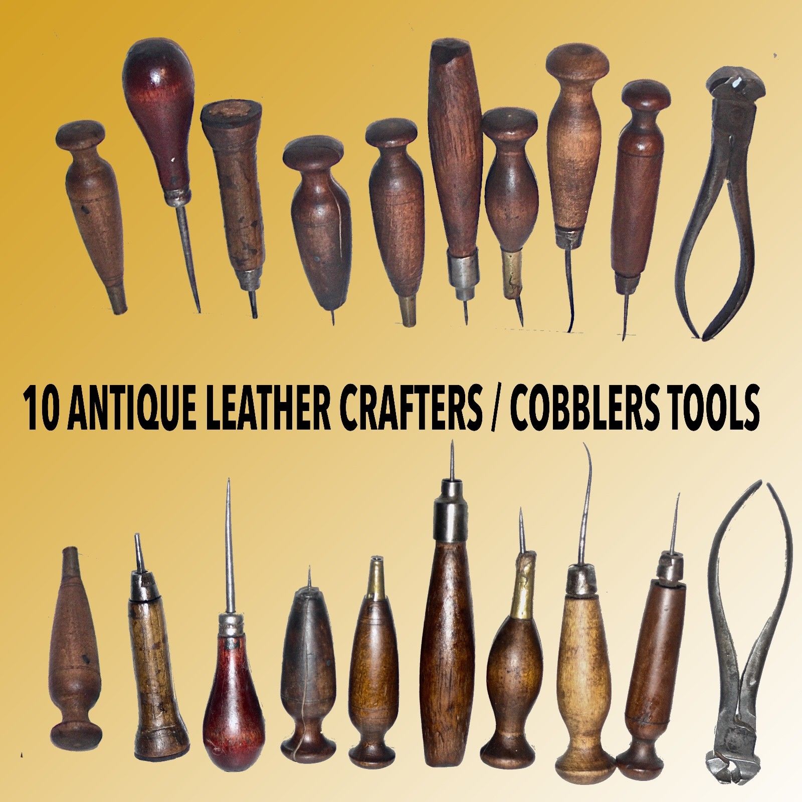 GROUP OF 10 ANTIQUE COBBLERS / LEATHER WORKERS AWLS AND A SMALL PAIR OF ...