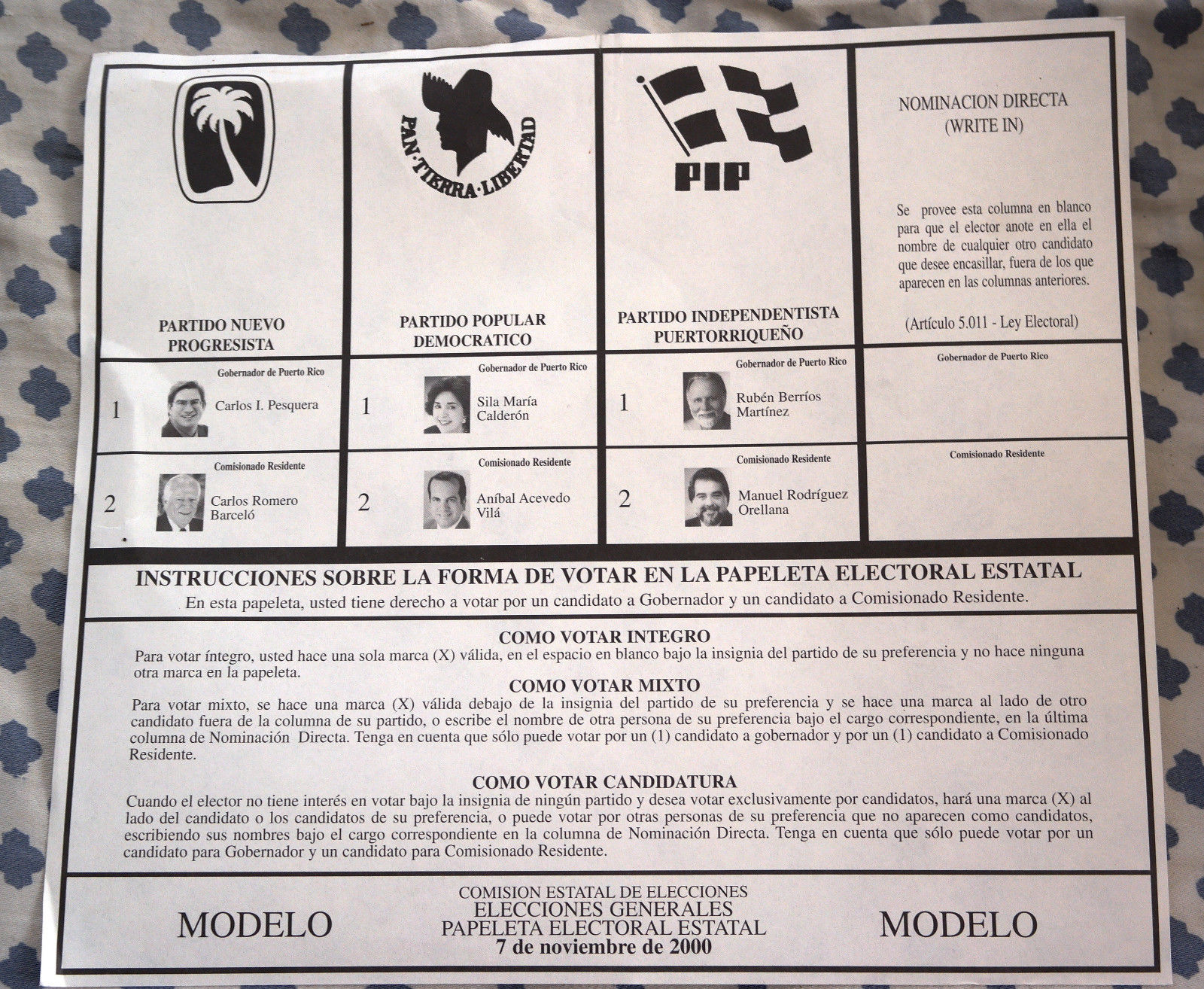 Original/vintage 2000 Puerto Rico sample ballot paper voting election ...