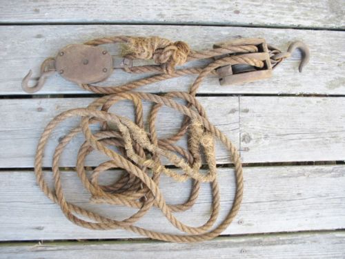 2 Old Vintage Wooden Pulleys & 24'' of 1/2" Hemp Manila Barn Rope ...