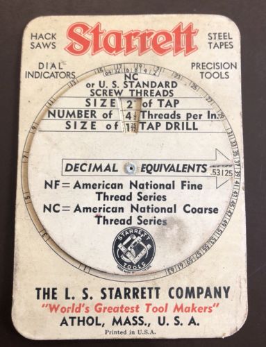 1943 L. S. Starrett Screw Thread & Tap Drill Reference Wheel Chart ...