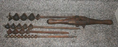 Lot of 4 Antique Vintage Long Barn Beam Wood Auger Bits and T handle ...