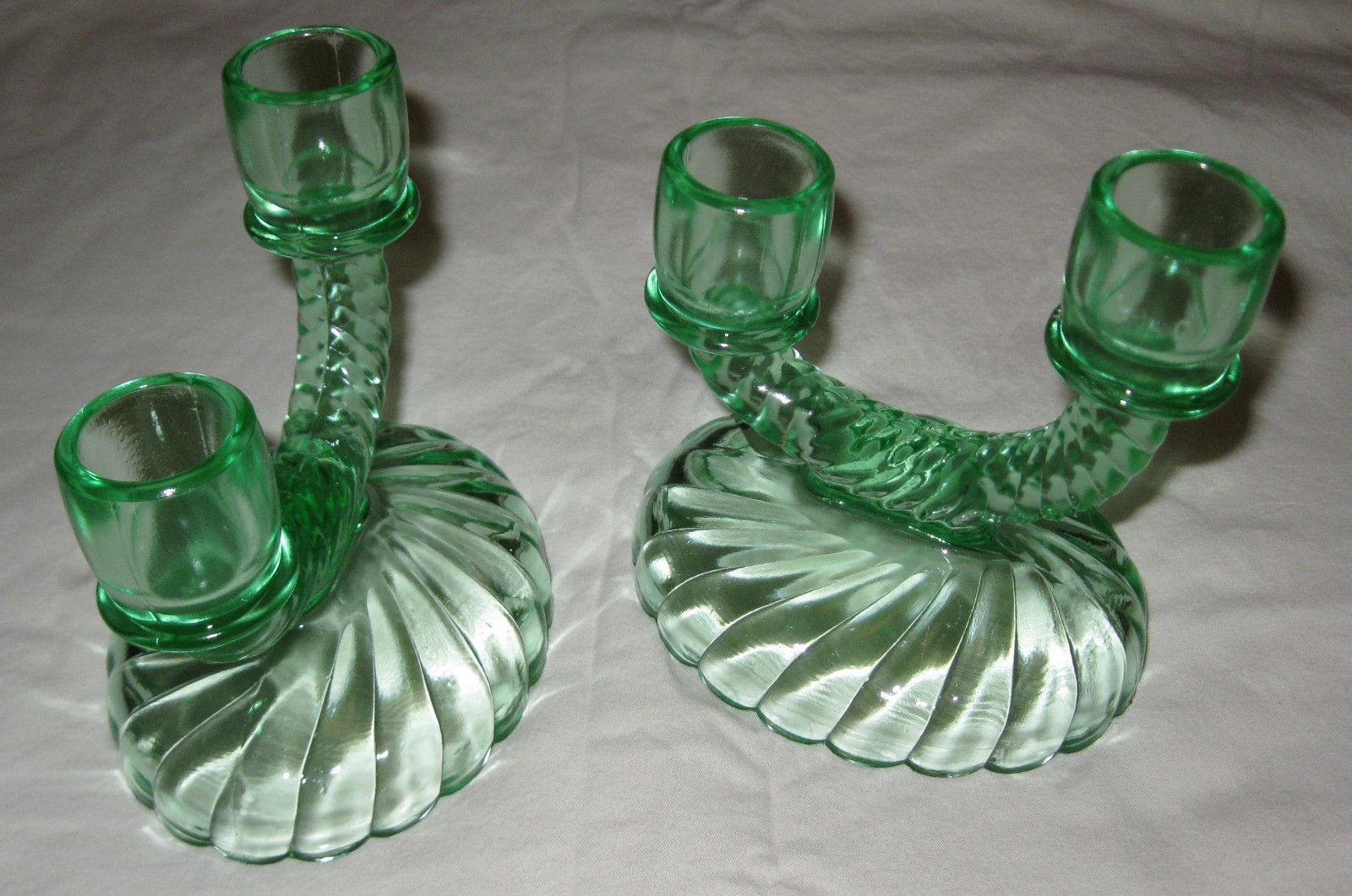 Pair Of Vintage Green Depression Glass Candle Holders Euc Antique Price Guide Details Page