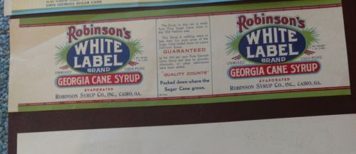 ROBINSON''S GEORGIA CANE SYRUP CAN LABEL File Copy 1923 rare CAIRO ...
