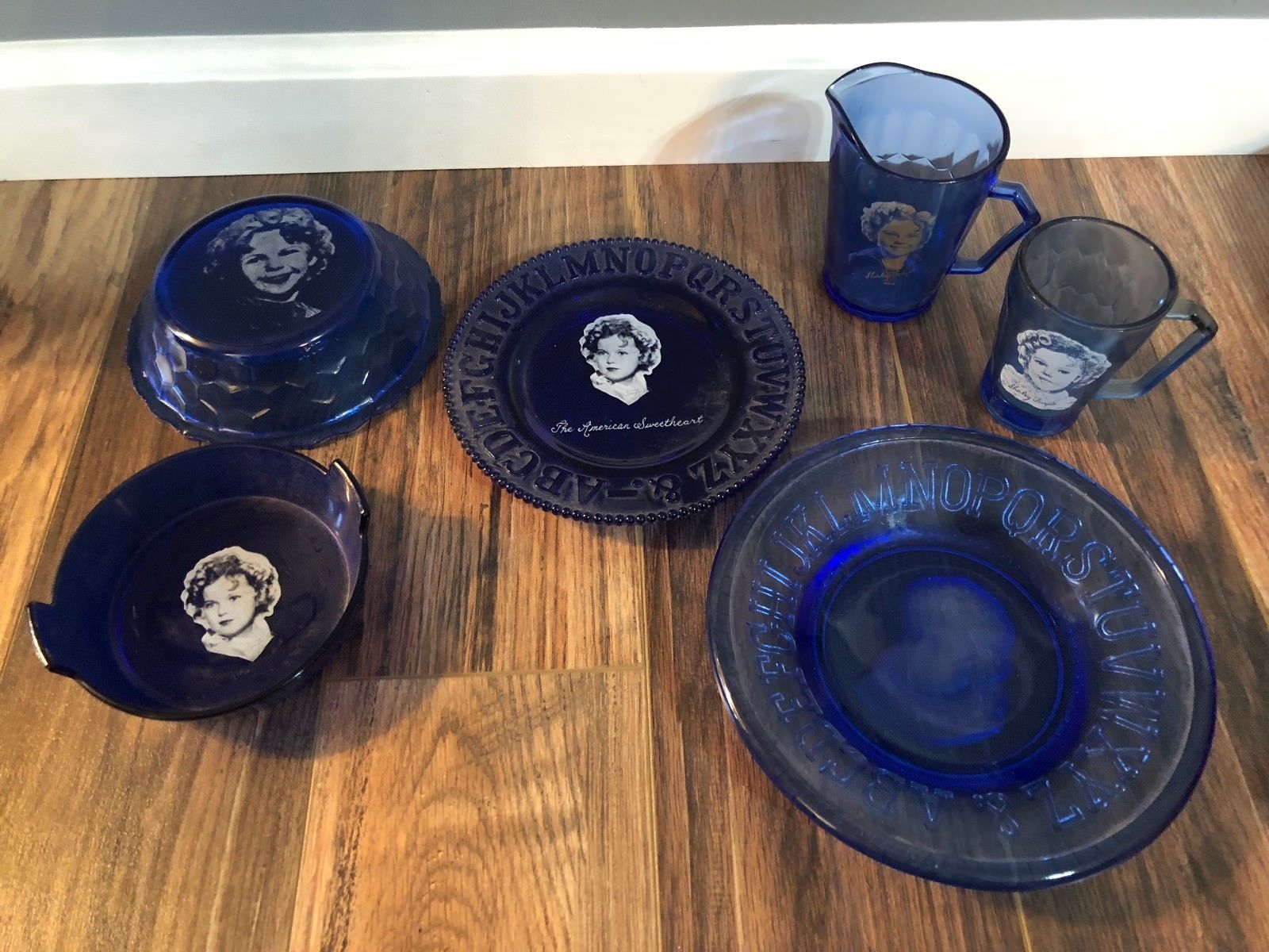 Vintage 1930s Hazel Atlas Blue Cobalt Depression Glass Shirley Temple Set Of 6 Antique