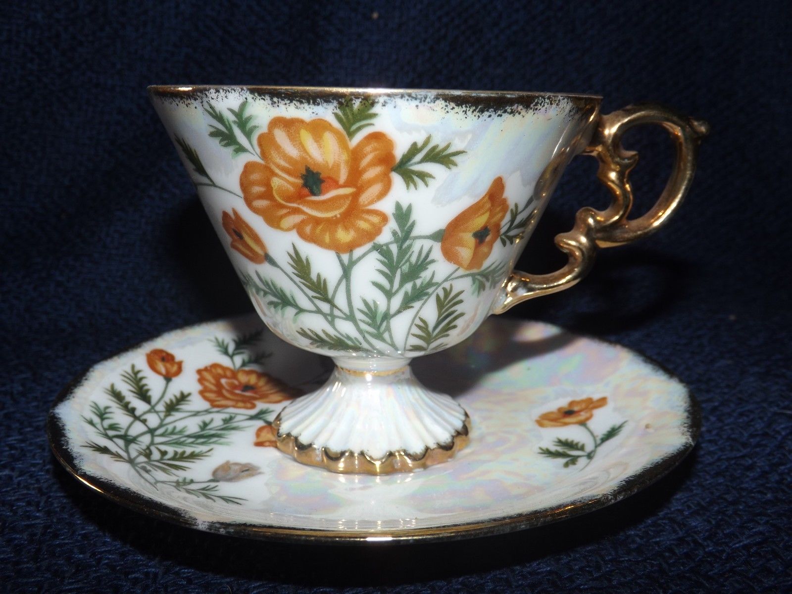 Antique Marked " August Poppy " Footed Pearl Luster Tea Cup And Saucer set -- Antique Price ...