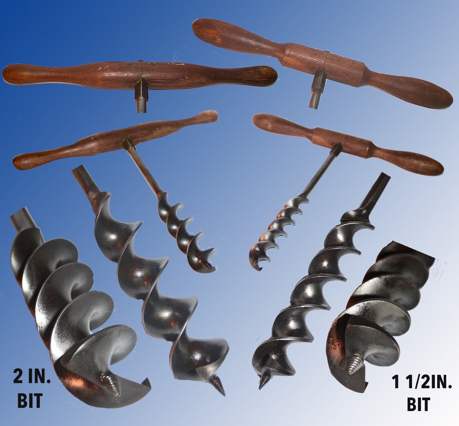 2 ANTIQUE WOOD HANDLE TEE HANDLE AUGERS BITS ONE 2" AND ONE 1 1/2" VERY ...