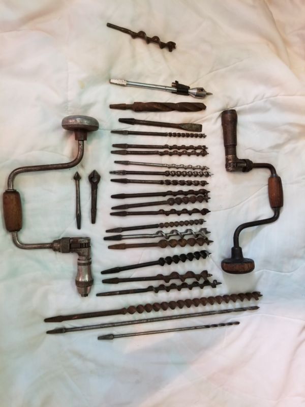 Manual Hand Crank Drill with Auger and Drill Bits Brace Vintage USA ...