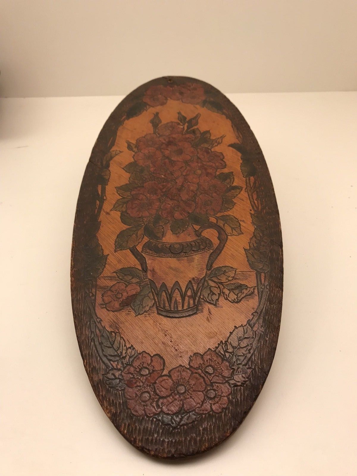 Signed Victorian Pyrography Handmade Vase of Flowers Design Wooden ...