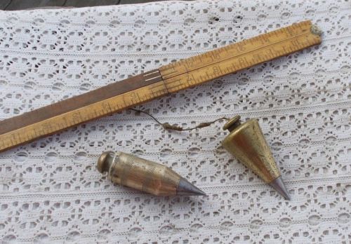 LOT 2 Vintage Antique Brass Plumb Bobs Tools & Folding Boxwood Ruler ...