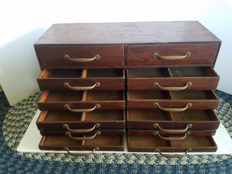 Vtg watchmaker machinist wood cabinet 12 drawer divided box tool chest ...