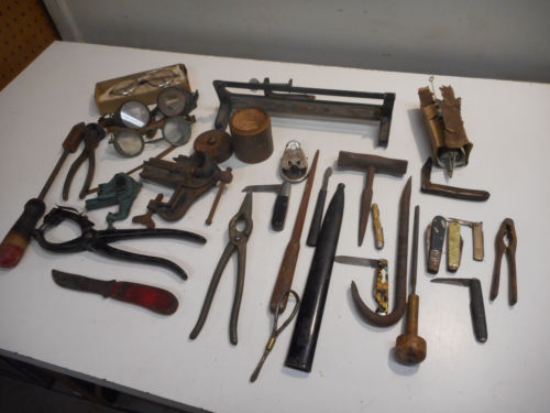 L1499- Antique Vintage Tool Lot - Assorted Tools -Goggles Knives Vises ...