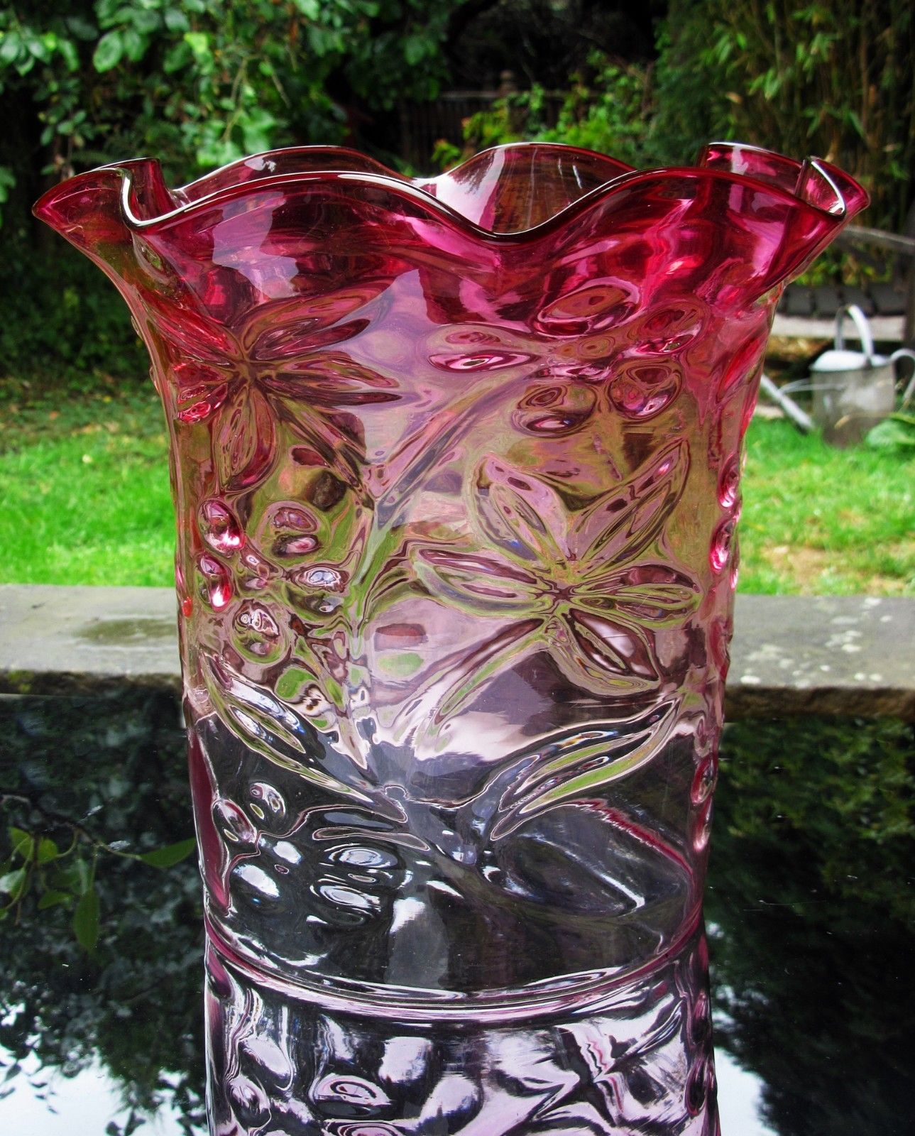 LARGE ANTIQUE CRANBERRY GLASS OIL LAMP SHADE, RUFFLED RIM, GRADUATED ...