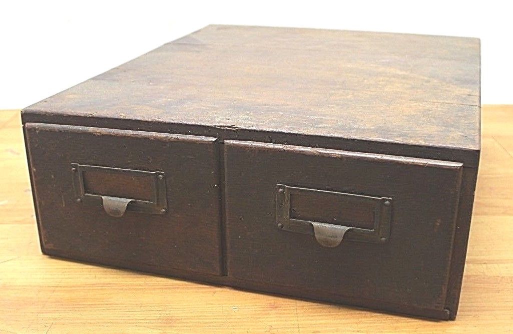 Vintage Library Index Card Catalog 2 Drawer Wood File Box Library 