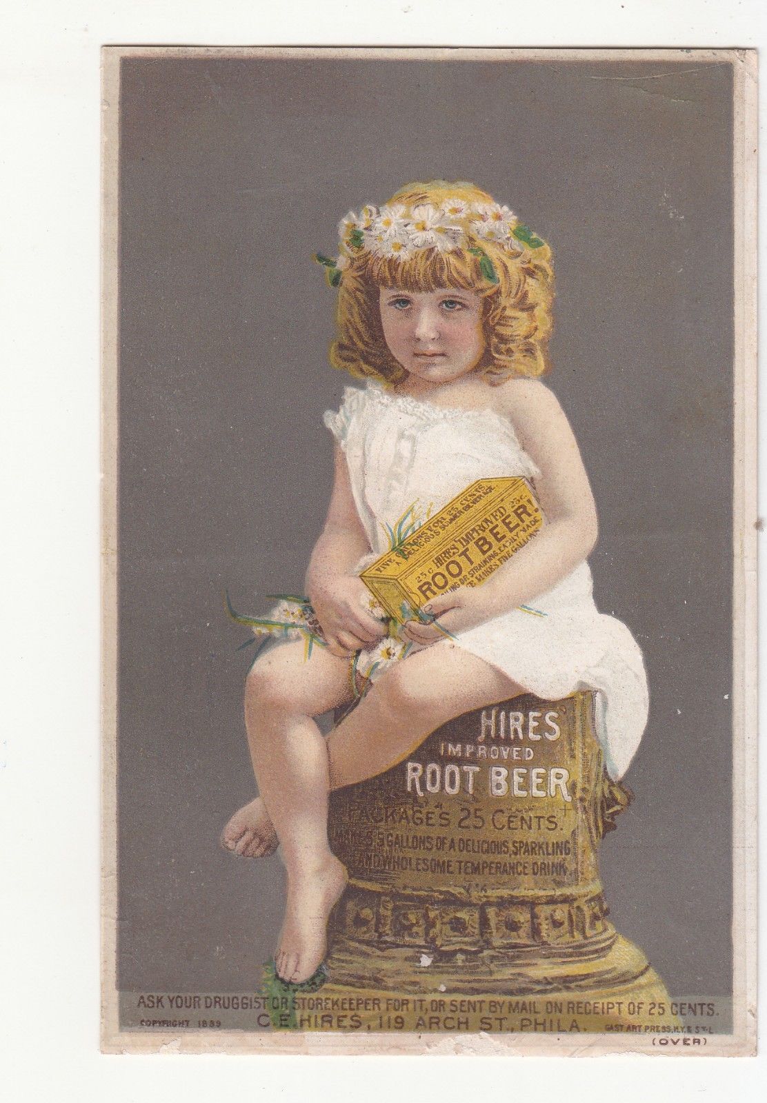 Hires Root Beer Girl in White Toga on Pedestal Testimonials Vict Card ...