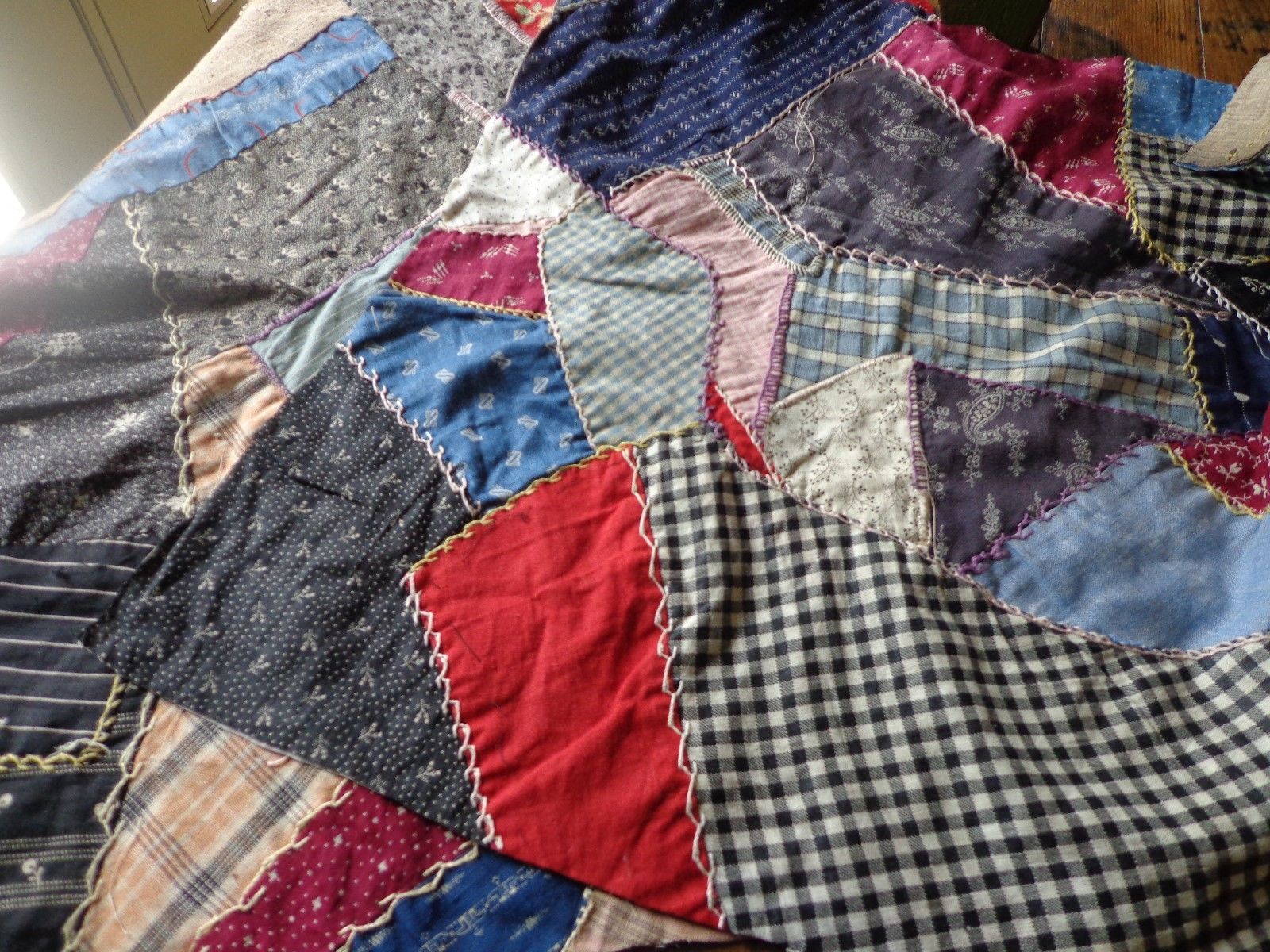 2 Antique Primitive Cotton Crazy Quilt Top Pieces Old Fabric 17" x 17 ...