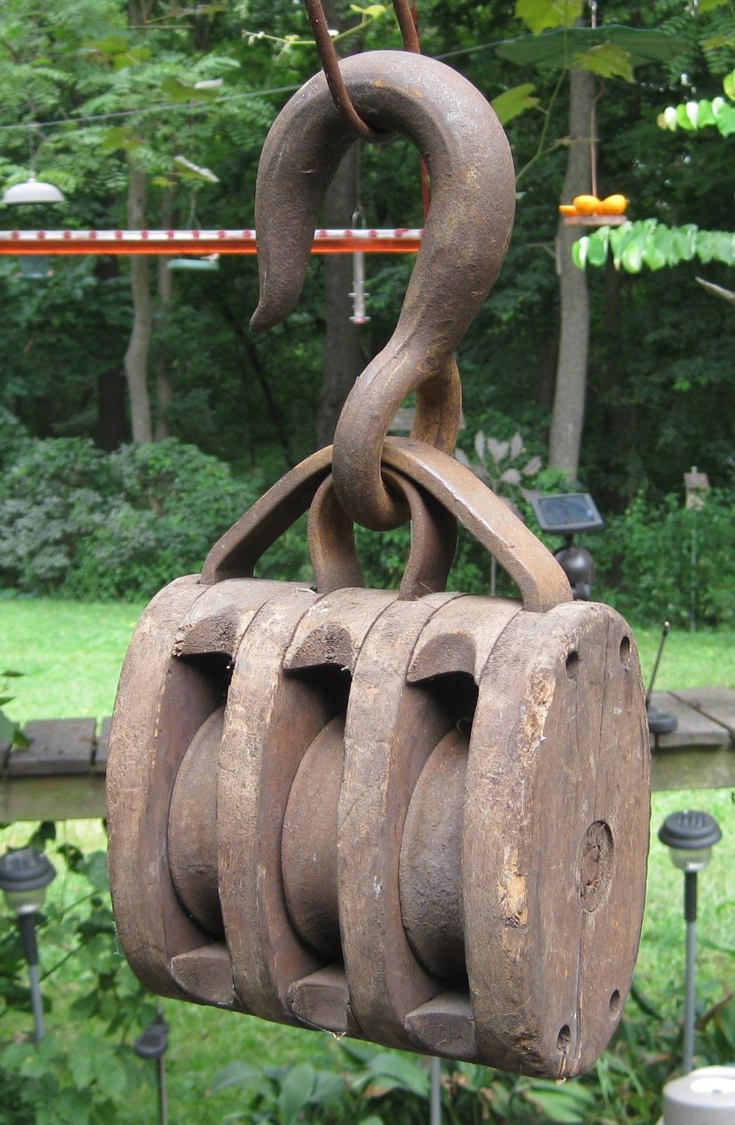 Vintage Block And Tackle Wood Hook and Pulley 3 Rope 13" Barn Decor ...