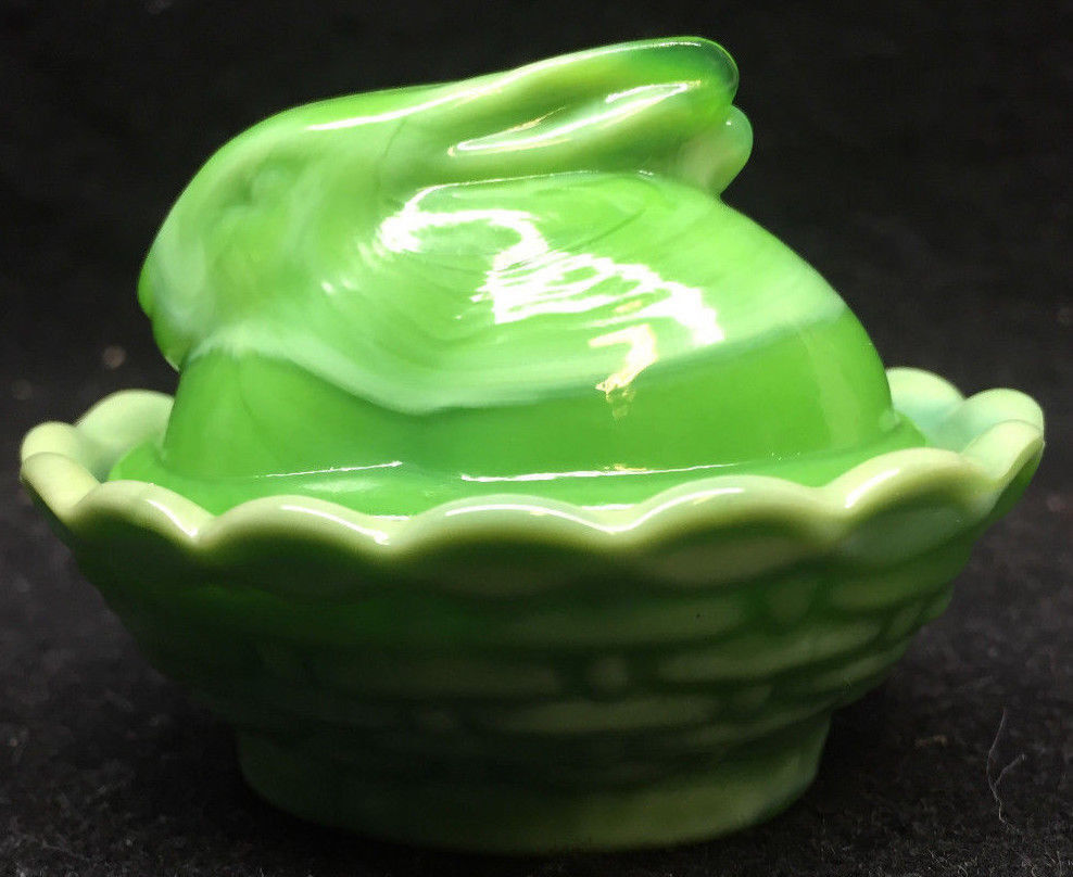 Jadeite Green Milk glass bunny rabbit salt cellar celt on nest basket ...
