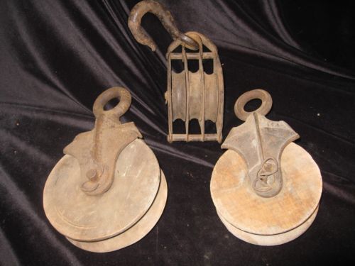 3 Antique BARN PULLEYS 2 Wood Wheels + TRIPLE WHEEL METAL Block ...