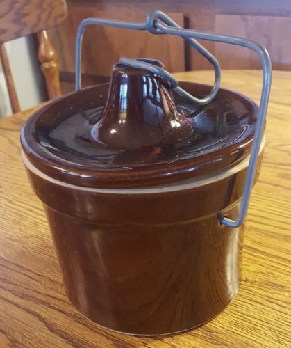 Vintage Dark Brown Pottery Crock with Wire Clamp Bale Lid - Made in USA ...