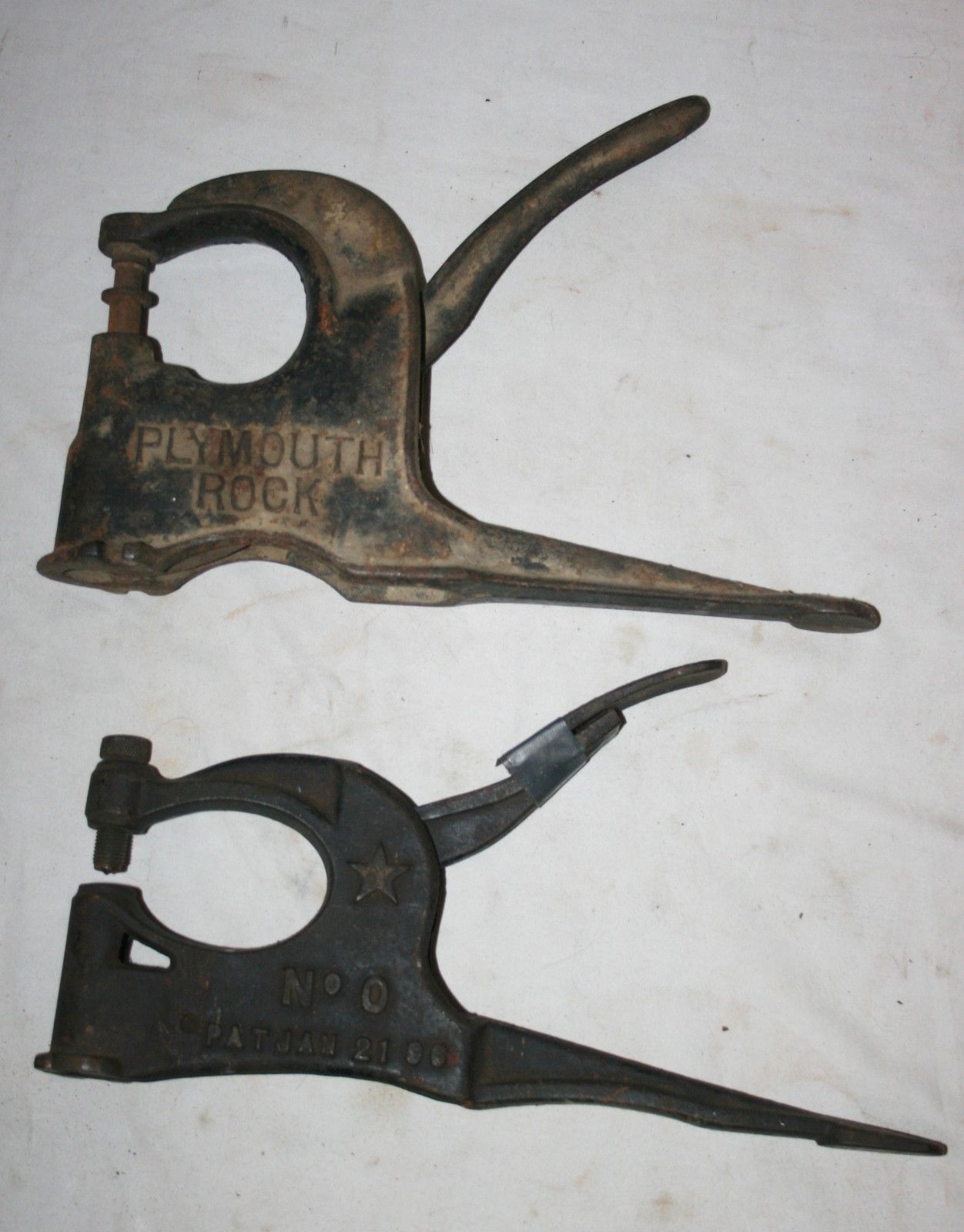 (2) VINTAGE CAST IRON RIVET PRESSES OR PUNCHES PLYMOUTH ROCK & JAS. M ...