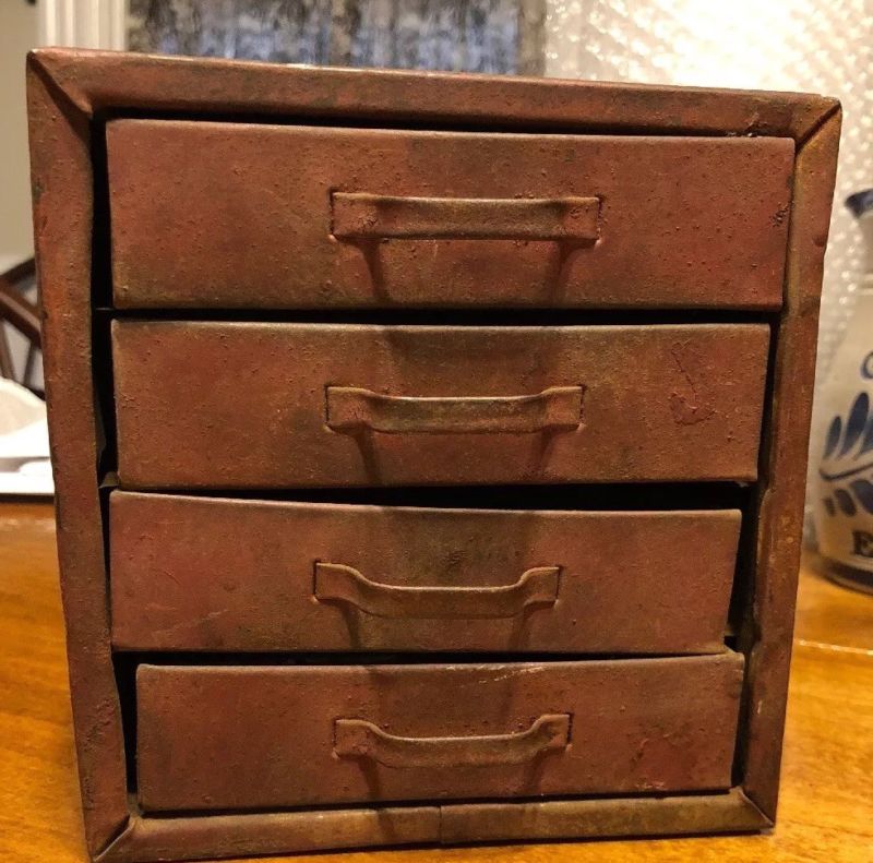 Primitive Vintage Rusty Red Small Parts Metal Cabinet Chest Box 4 ...