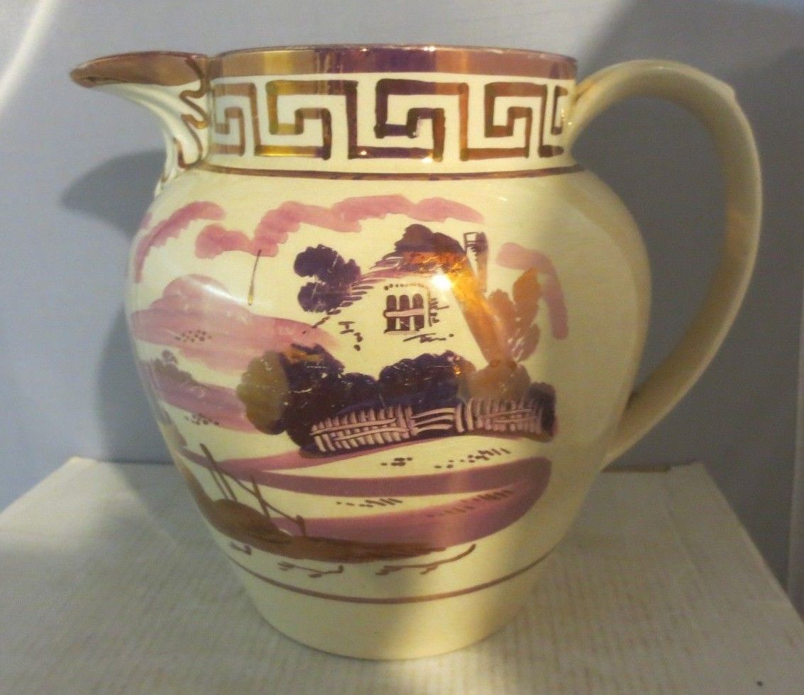 Vintage Pink Luster Pitcher With Scenic View Around Its Outside ...