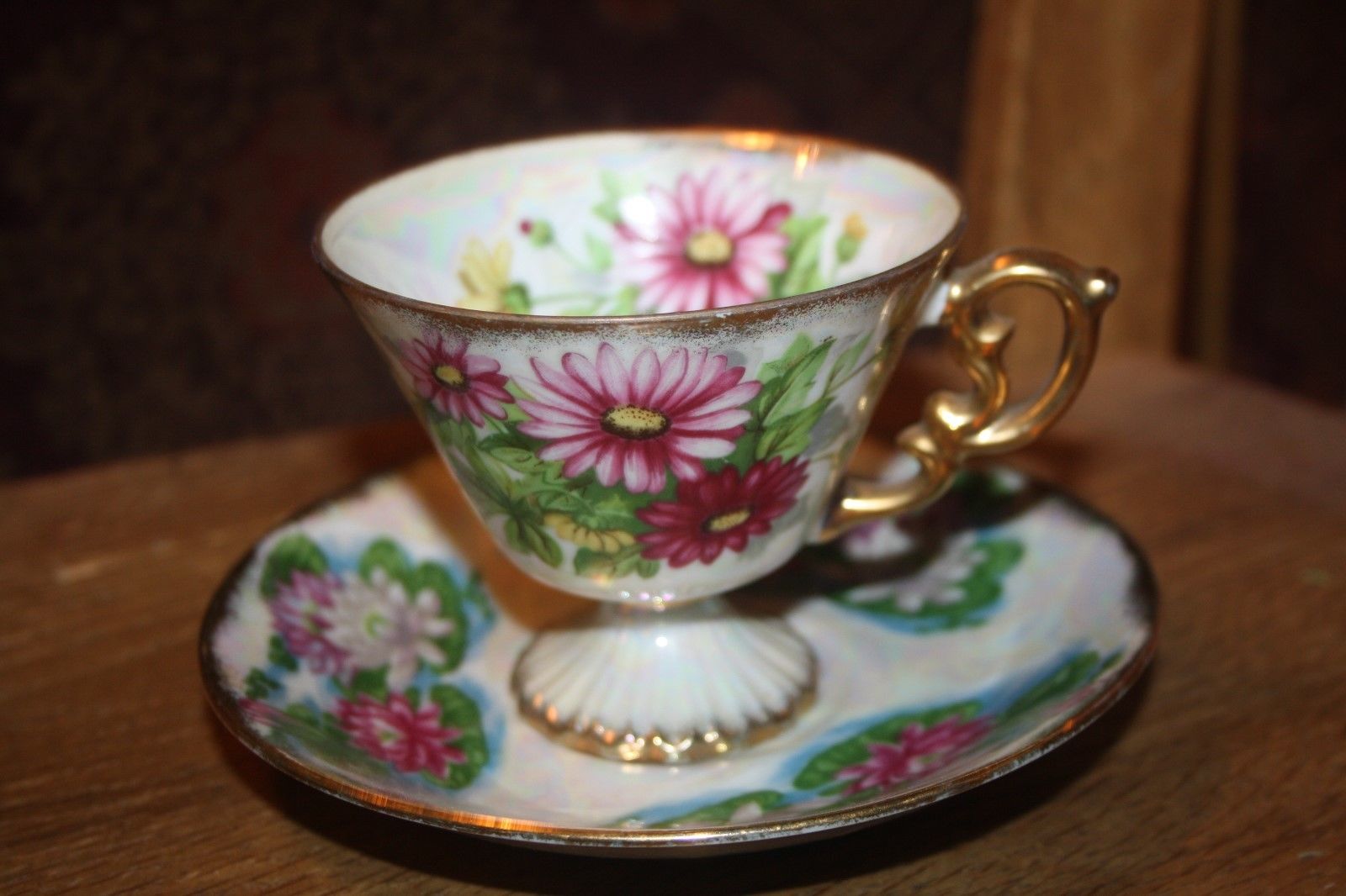 Vintage Tea Cup and Saucer Iridescent September Aster cup Lillie ucagco ...