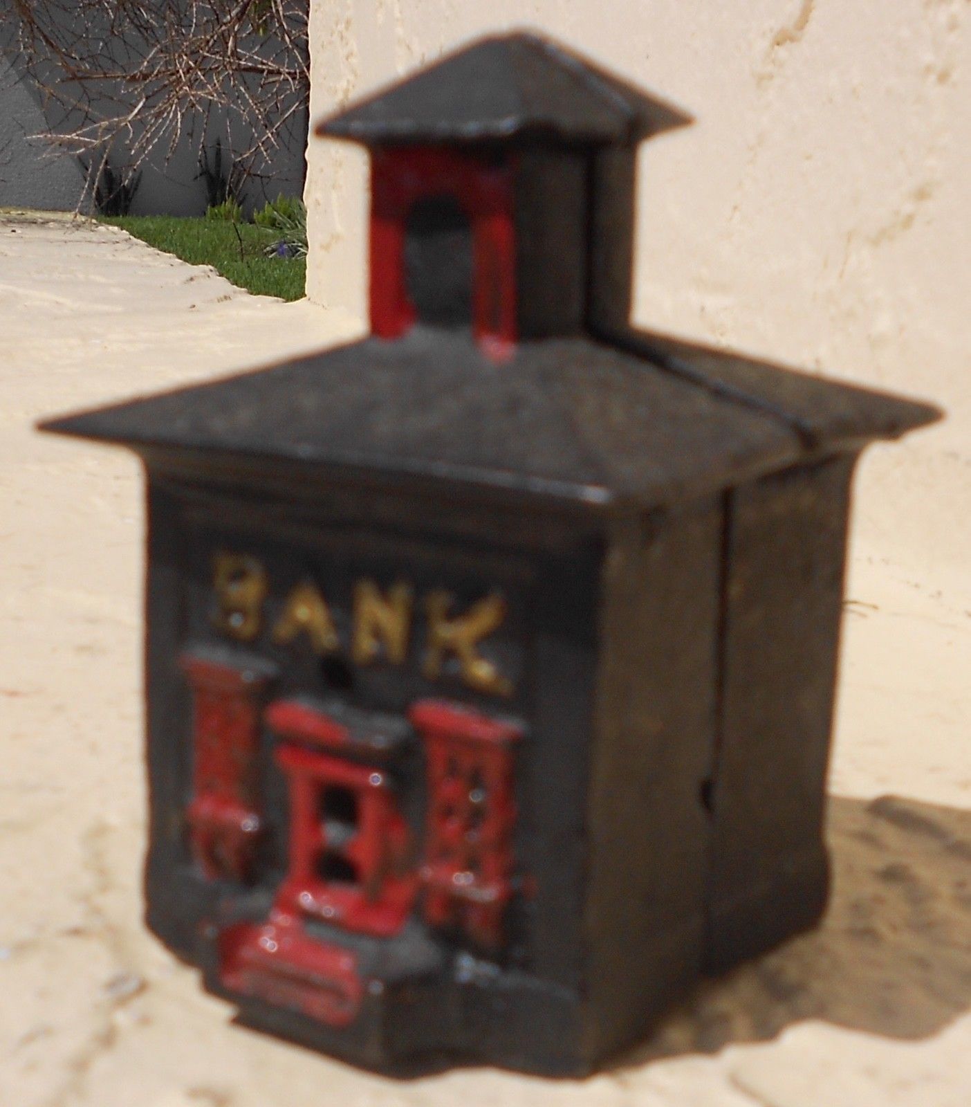 Big Vintage Cast Iron Miniature Bank Bld. Penny Still Piggy Bank ...