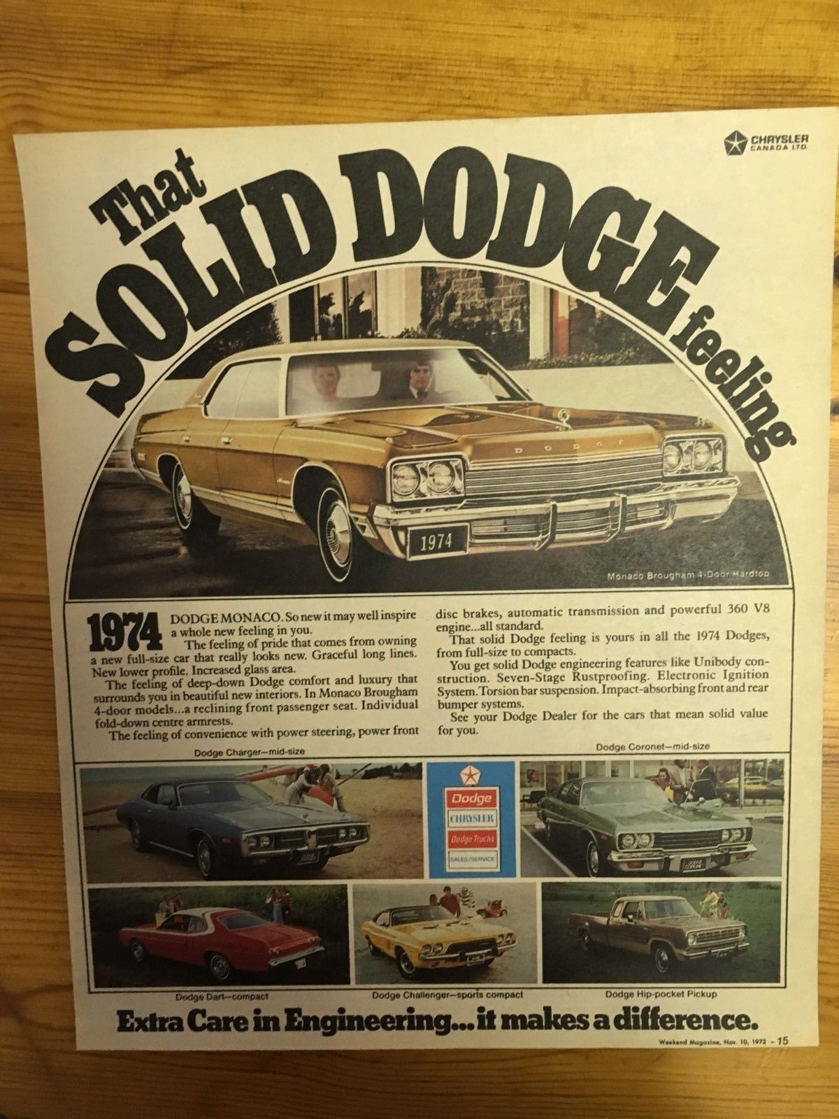 STUNNING CANADIAN CAR AD CANADA 1974 DODGE CHARGER MONACO CORONET ...