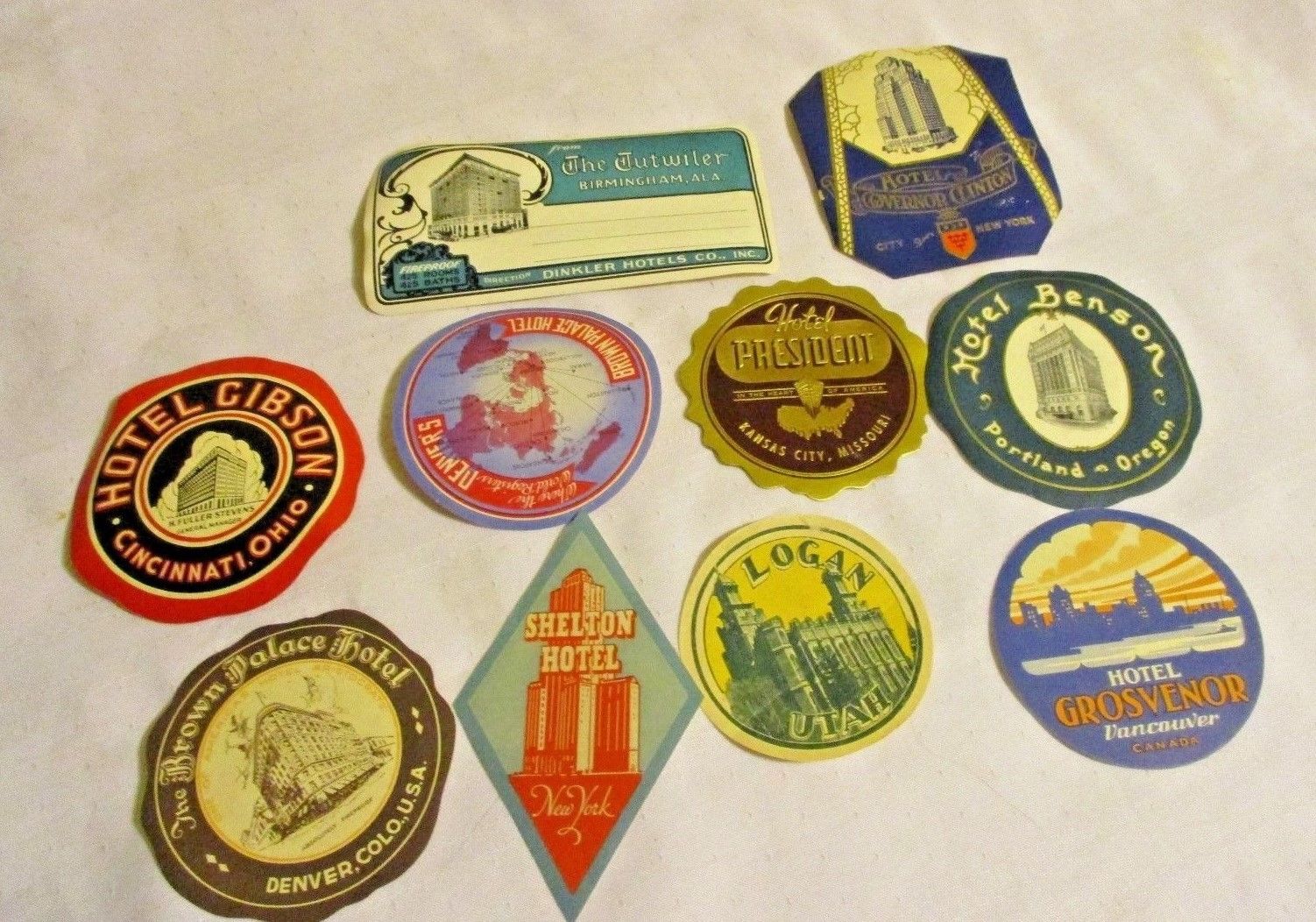 10 VINTAGE HOTEL STICKERS/LABELS -DENVER, UTAH, ALABAMA,OHIO, CANADA ...