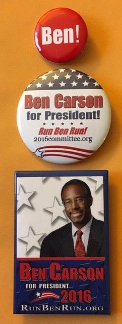 Two Ben Carson for President Pins and One 2 by 3" Magnet for the Oley ...