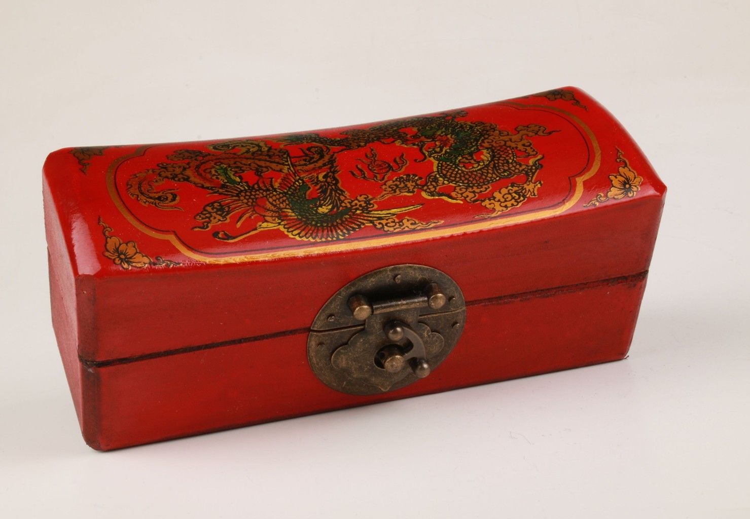 Chinese Red Leather Jewelry Box Painting Dragon Phoenix Dowry ...